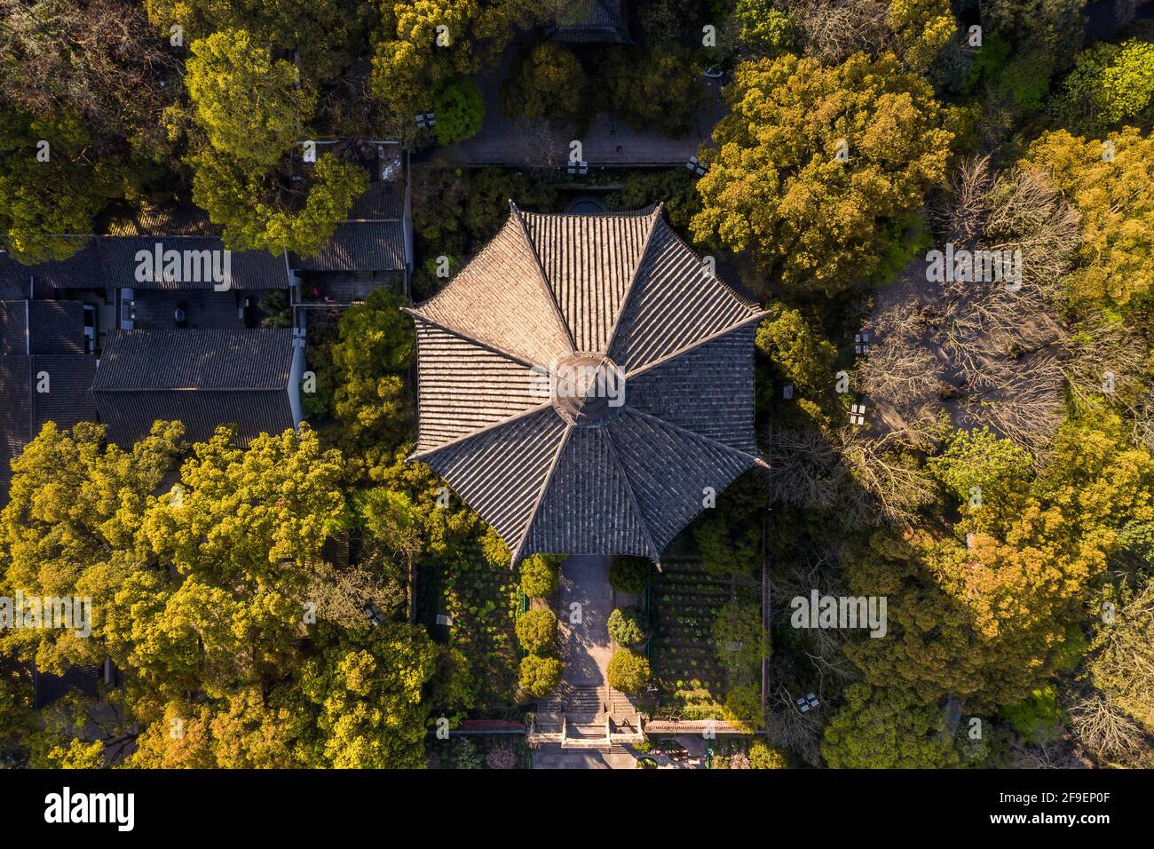 Aerial view of Liuheta Culture Park, Liuhe Tower in Hangzhou, China ...
