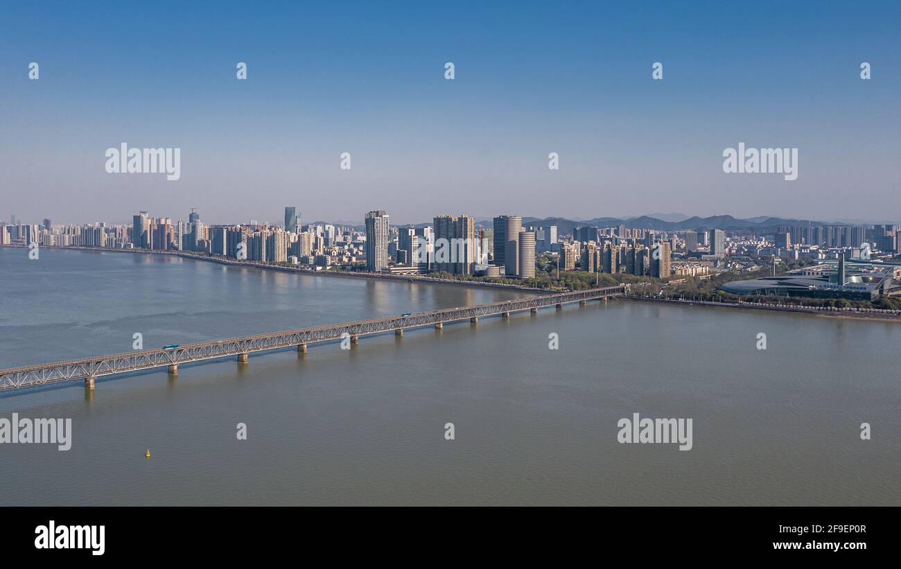 Aerial view of Qiantang River Bridge and modern city skyline in ...