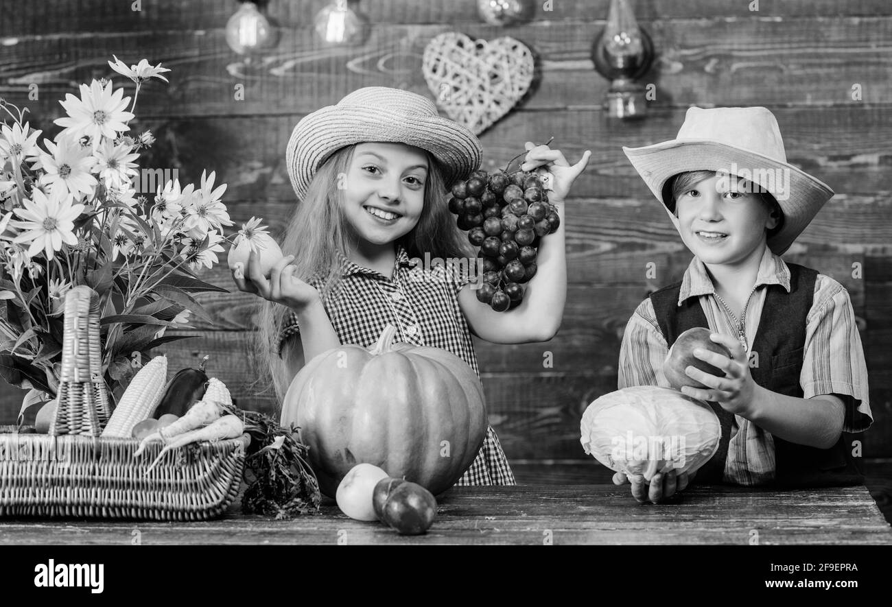 Celebrate harvest festival. Children near vegetables wooden background ...
