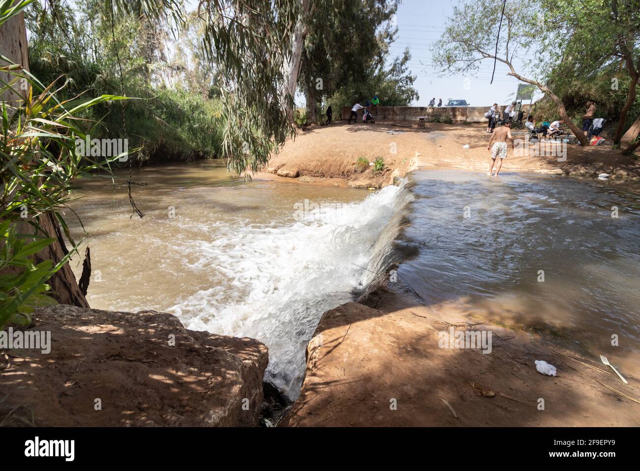 05-04-2021. petach tikva- israel. A small waterfall in the Yarkon River ...