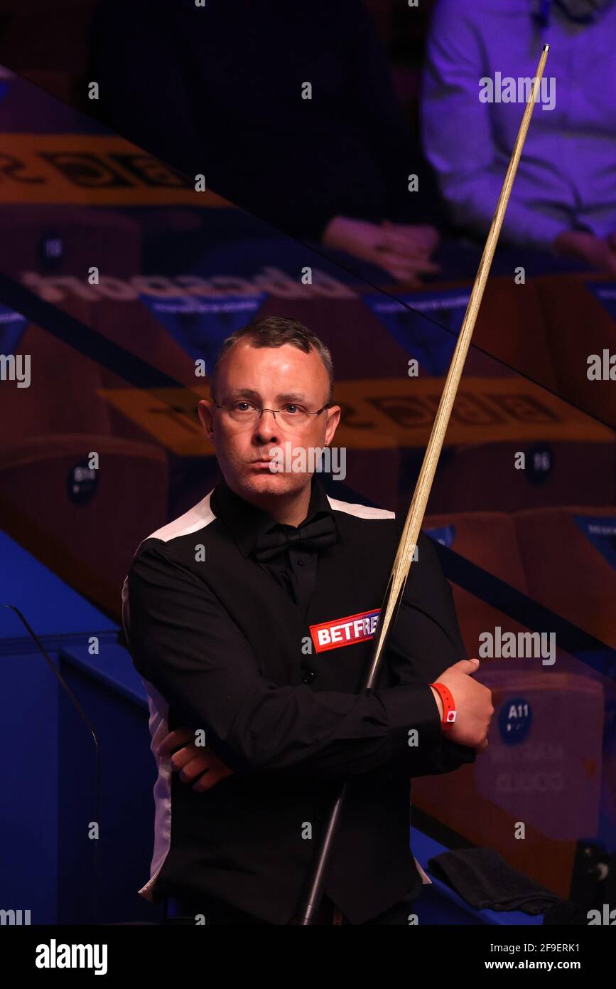 Martin Gould reacts during day 1 of the Betfred World Snooker ...