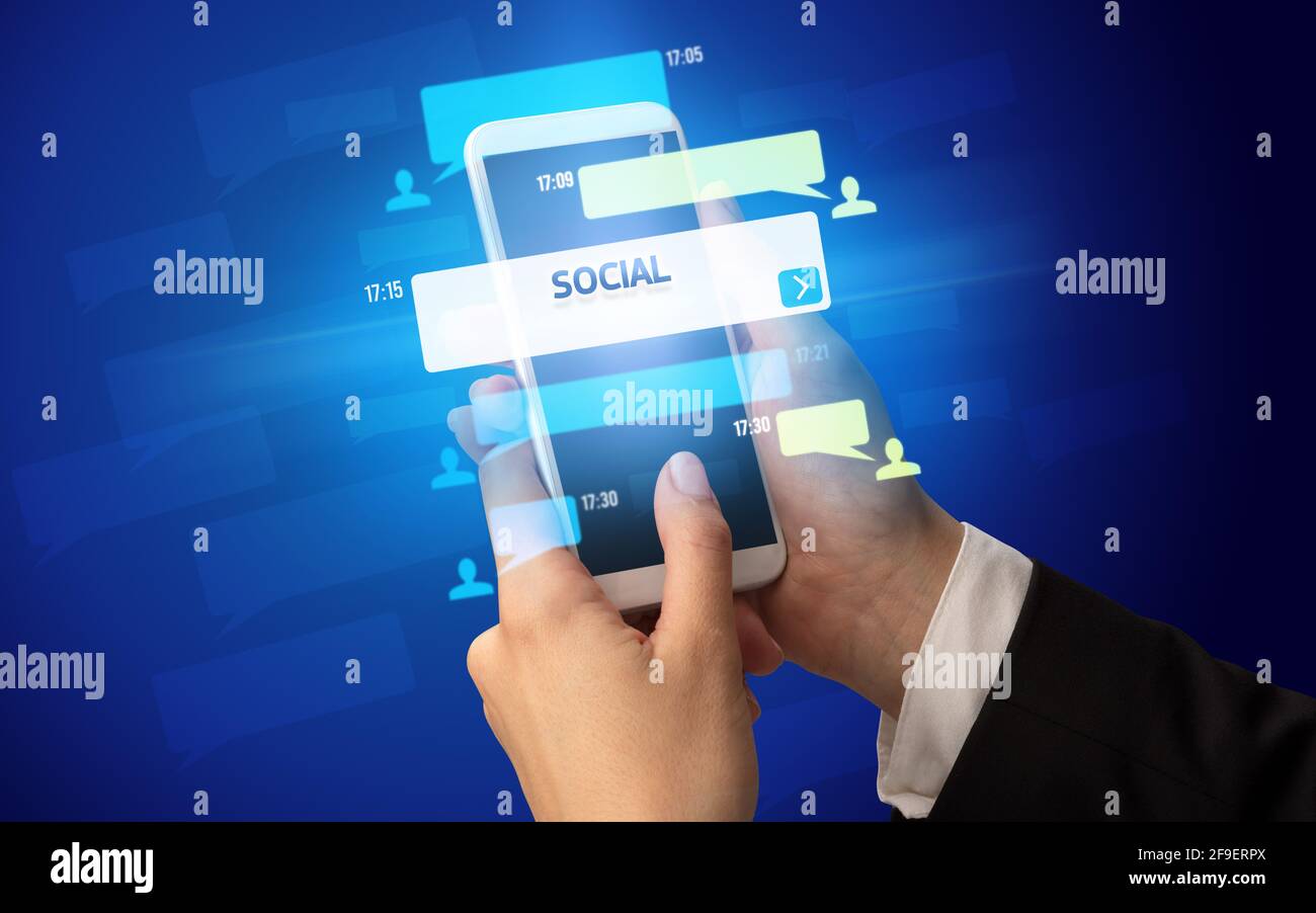 Hand using smartphone with social media concept Stock Photo - Alamy