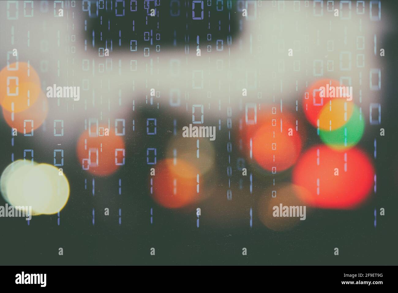 A cloud network technology background with binary codes and bokeh light ...