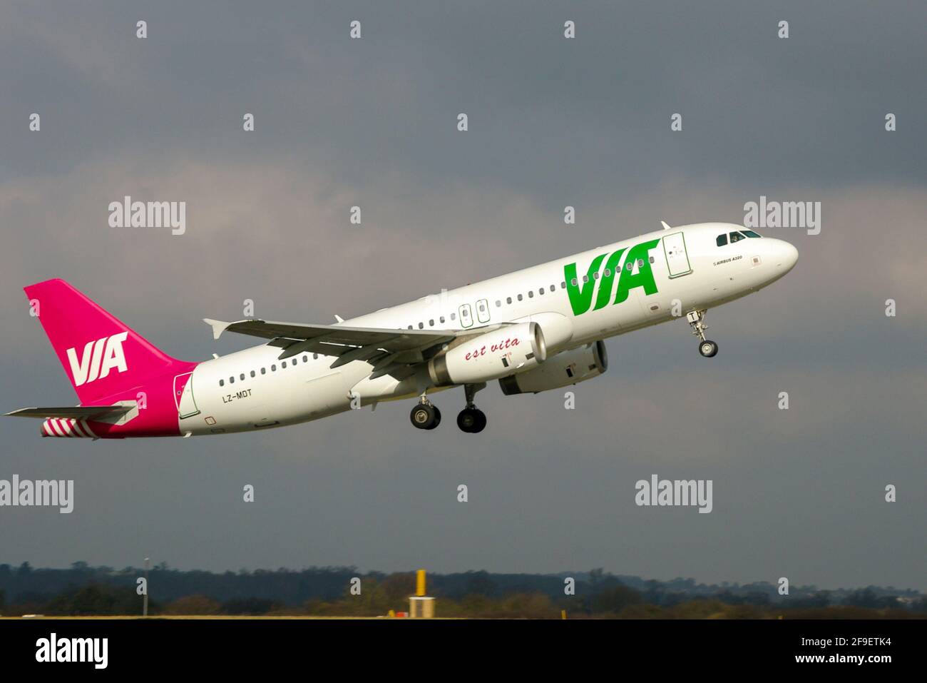 Air Via Airbus A320 jet plane taking off from London Southend Airport ...