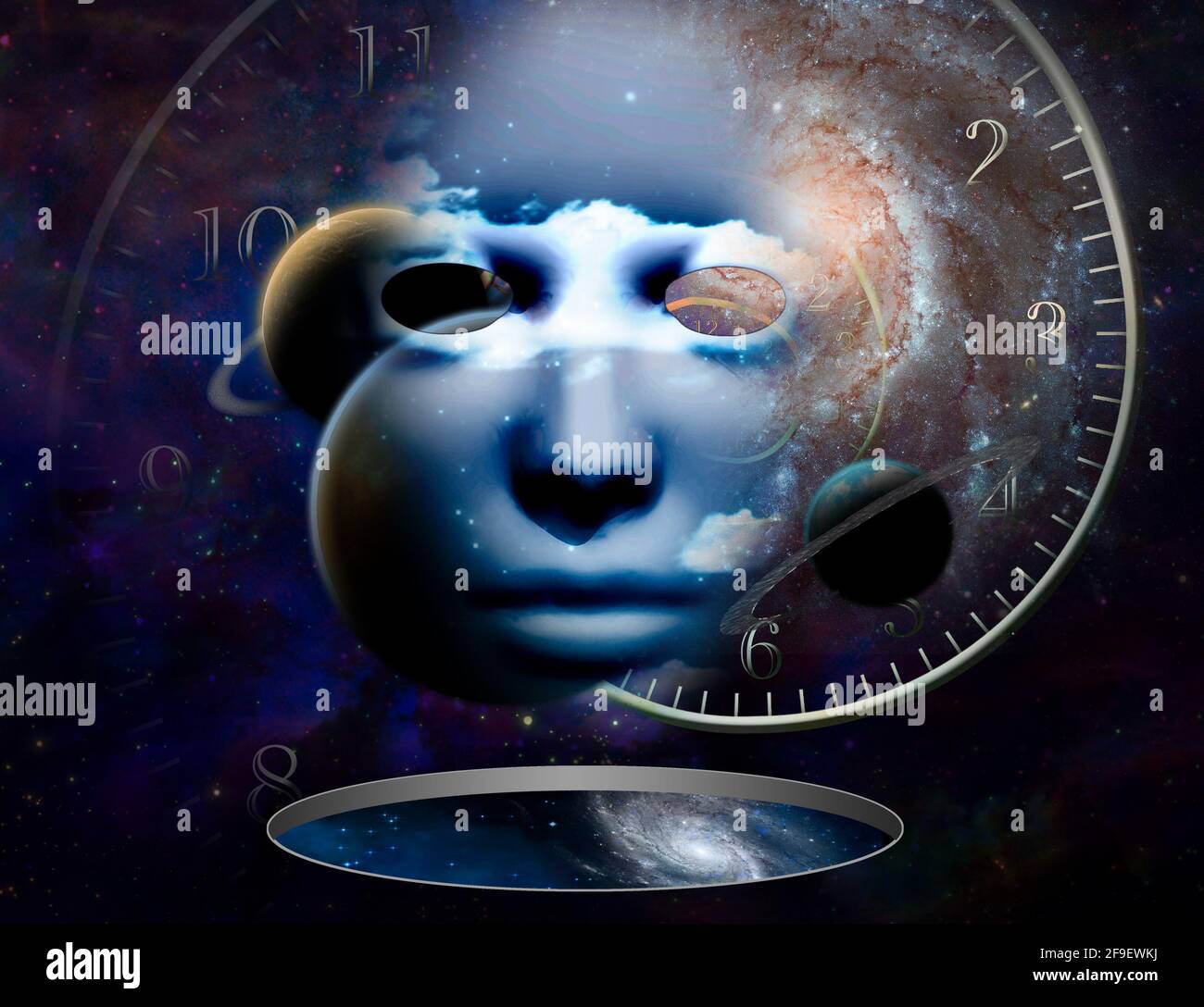 Face in space and spiral clock. 3d rendering Stock Photo - Alamy