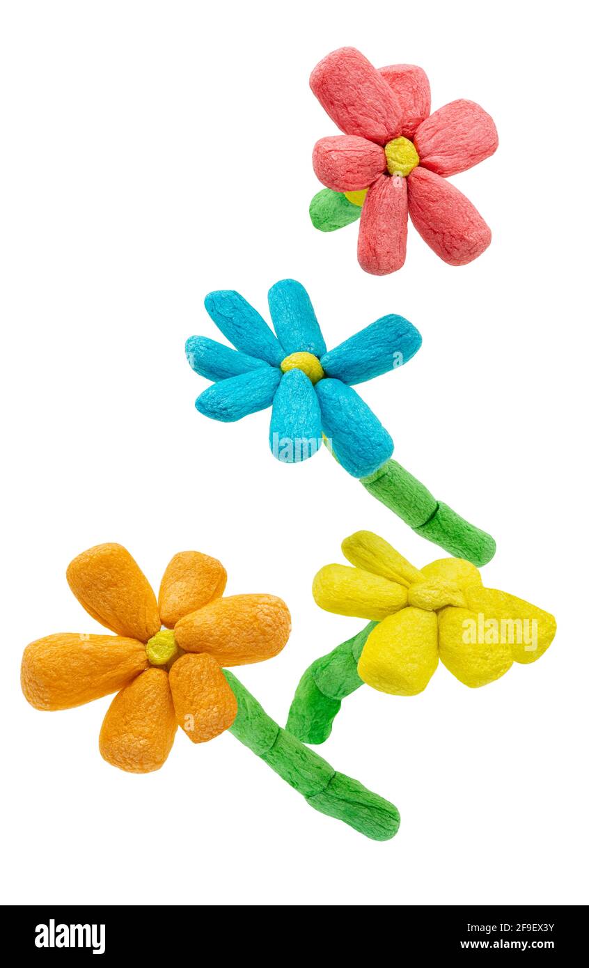 Isolated artificial flowers set that made from corn starch. Bright ...
