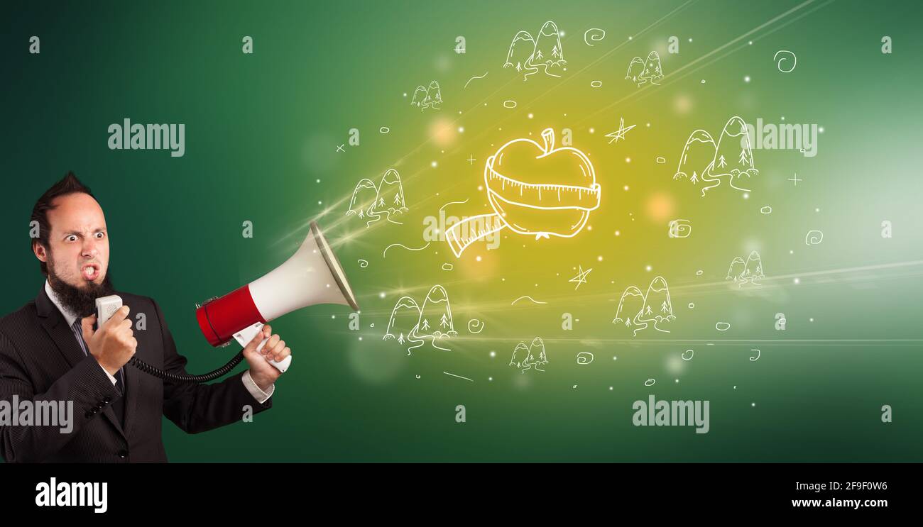 Young person with megaphone and healthy food icon Stock Photo - Alamy