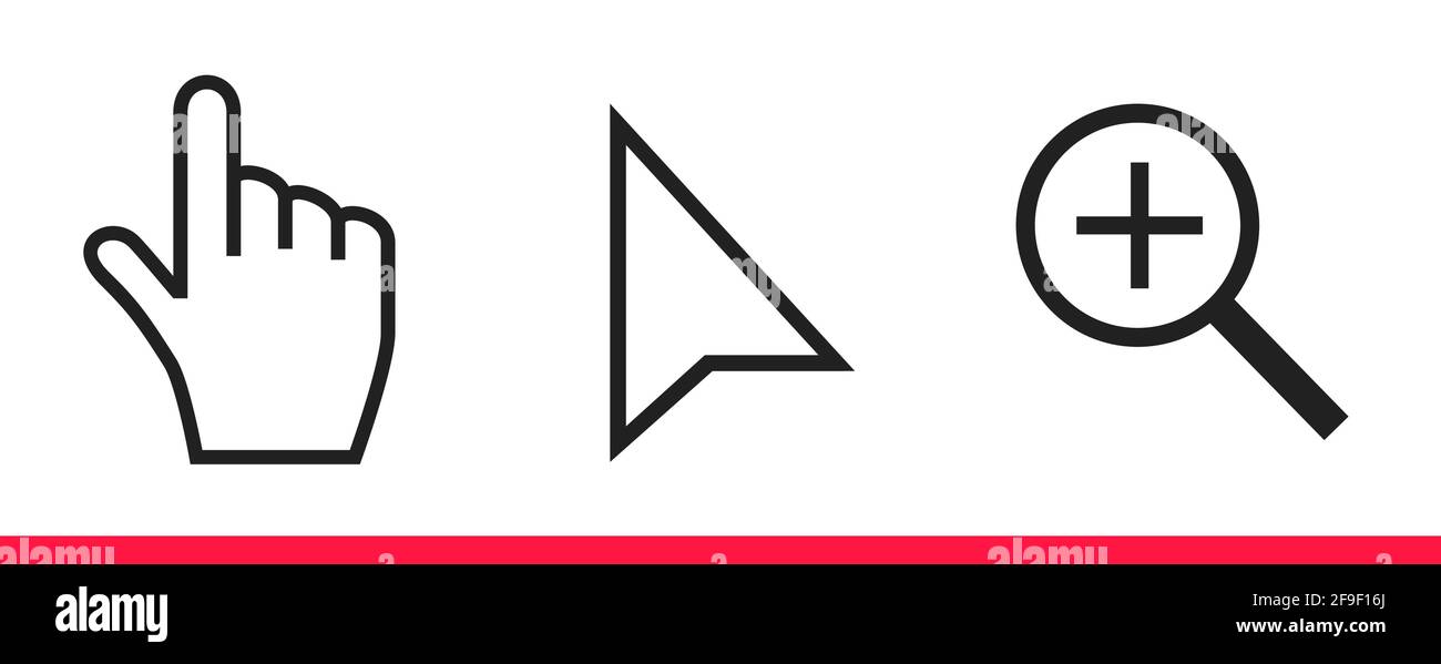 Black and white arrow, hand and magnifier mouse cursor icons vector illustration set flat style ...