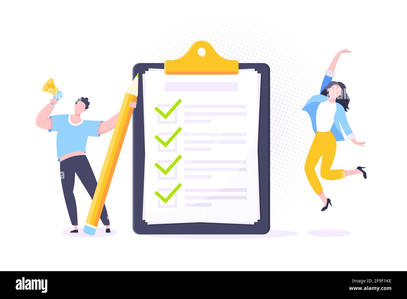 Checklist complete business concept tiny people with megaphone and ...