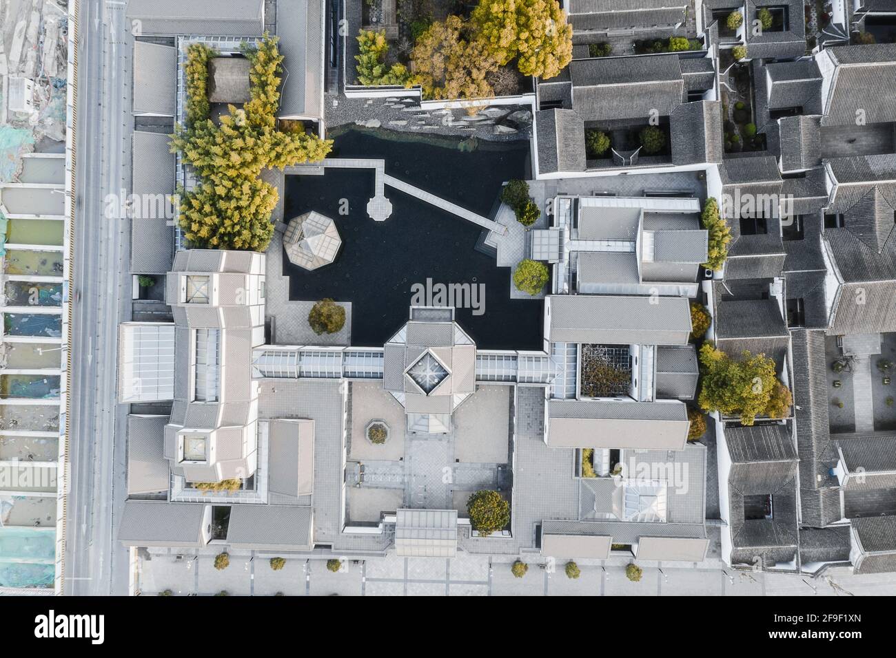 Aerial view of Suzhou Museum and the street in old city in Suzhou ...