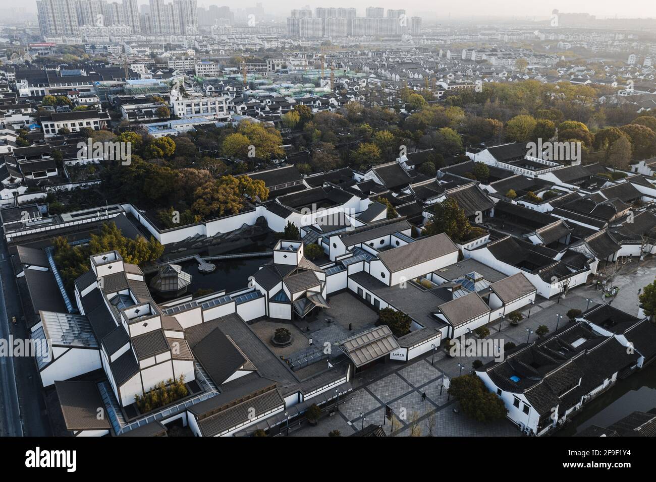 Aerial view of Suzhou Museum and the street in old city in Suzhou ...