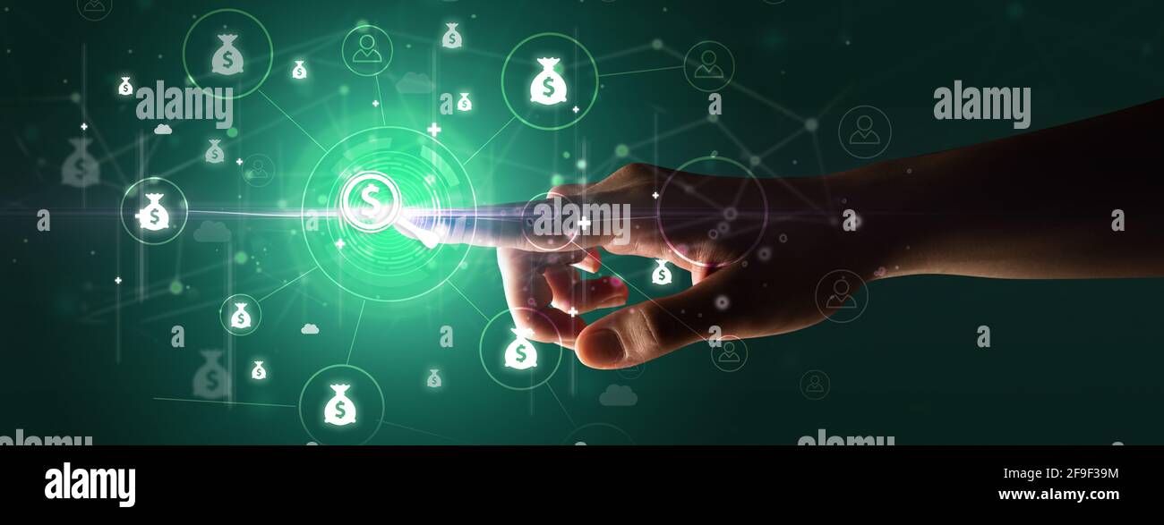 Businessman hand pressing stock graphic information on multitouch ...