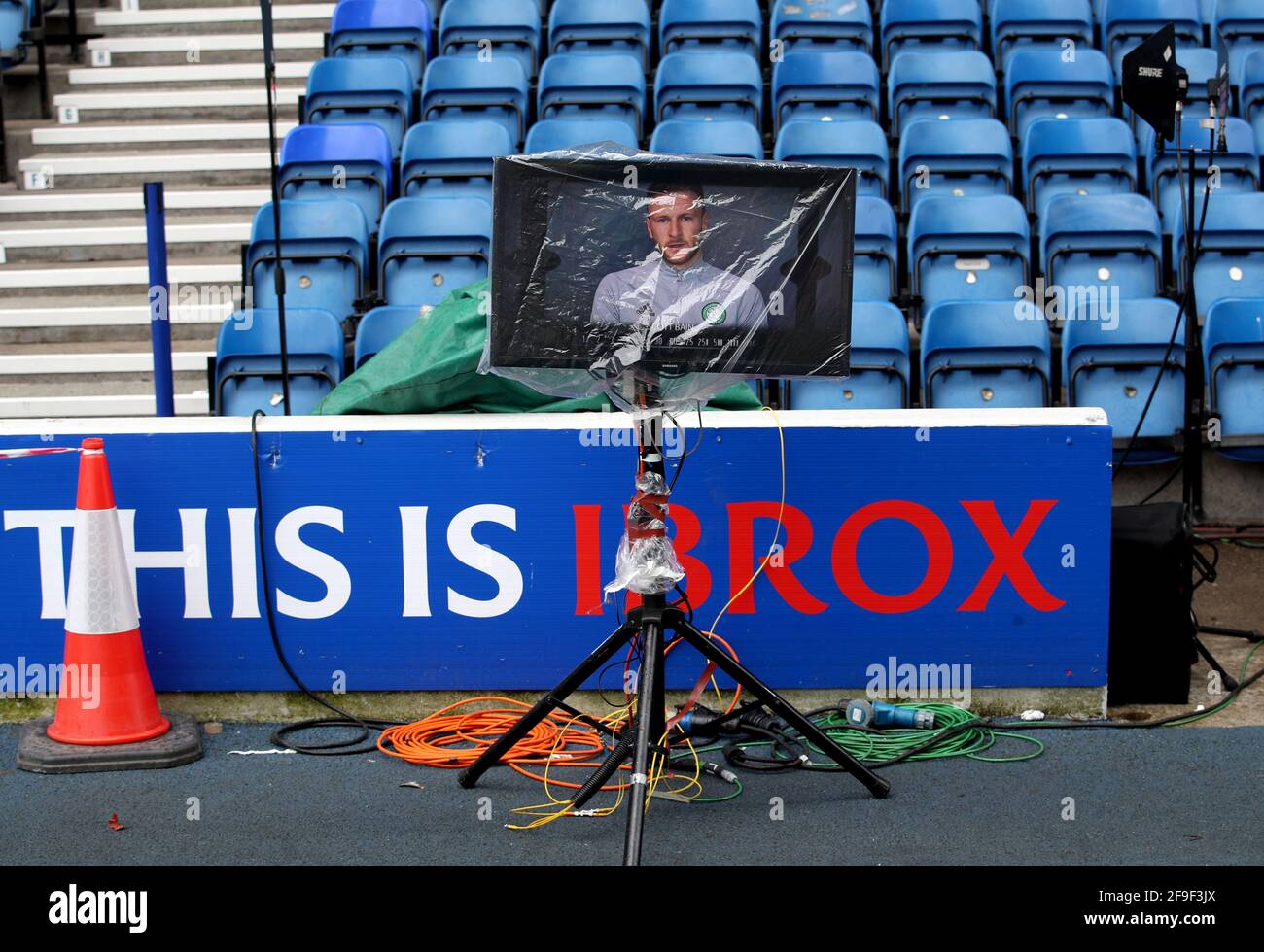 Celtic goalkeeper Scott Bain appears on a pitch side screen ahead of ...