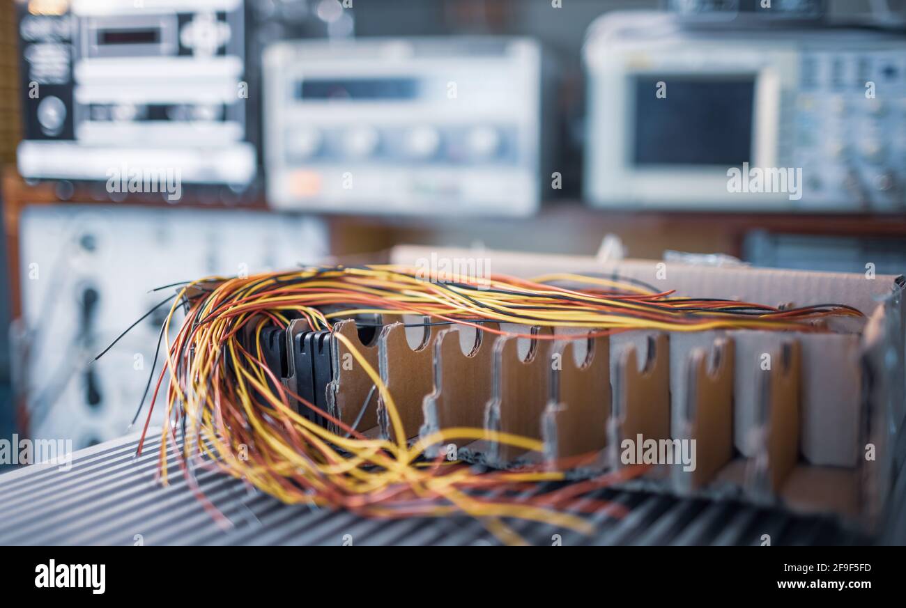 Bundle of cut thin wires with color connections Stock Photo - Alamy