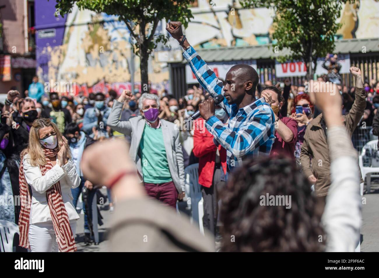 Spanish hard-left Podemos party candidate Serigne Mbaye speaks during a ...