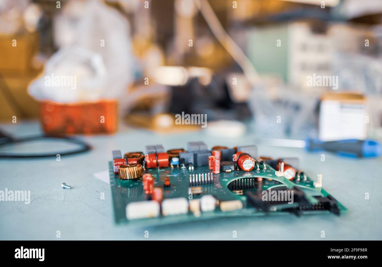 Close-up electric green embedded microcircuits in production Stock ...
