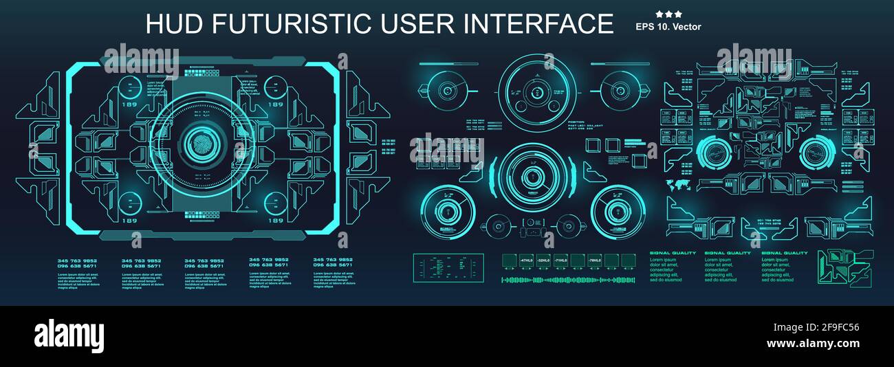HUD futuristic blue user interface, target. Dashboard display virtual reality technology screen ...