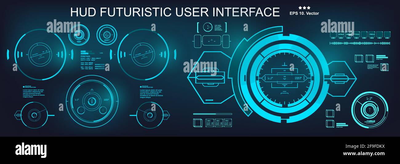 HUD futuristic user interface, target. Dashboard display virtual reality technology screen Stock ...