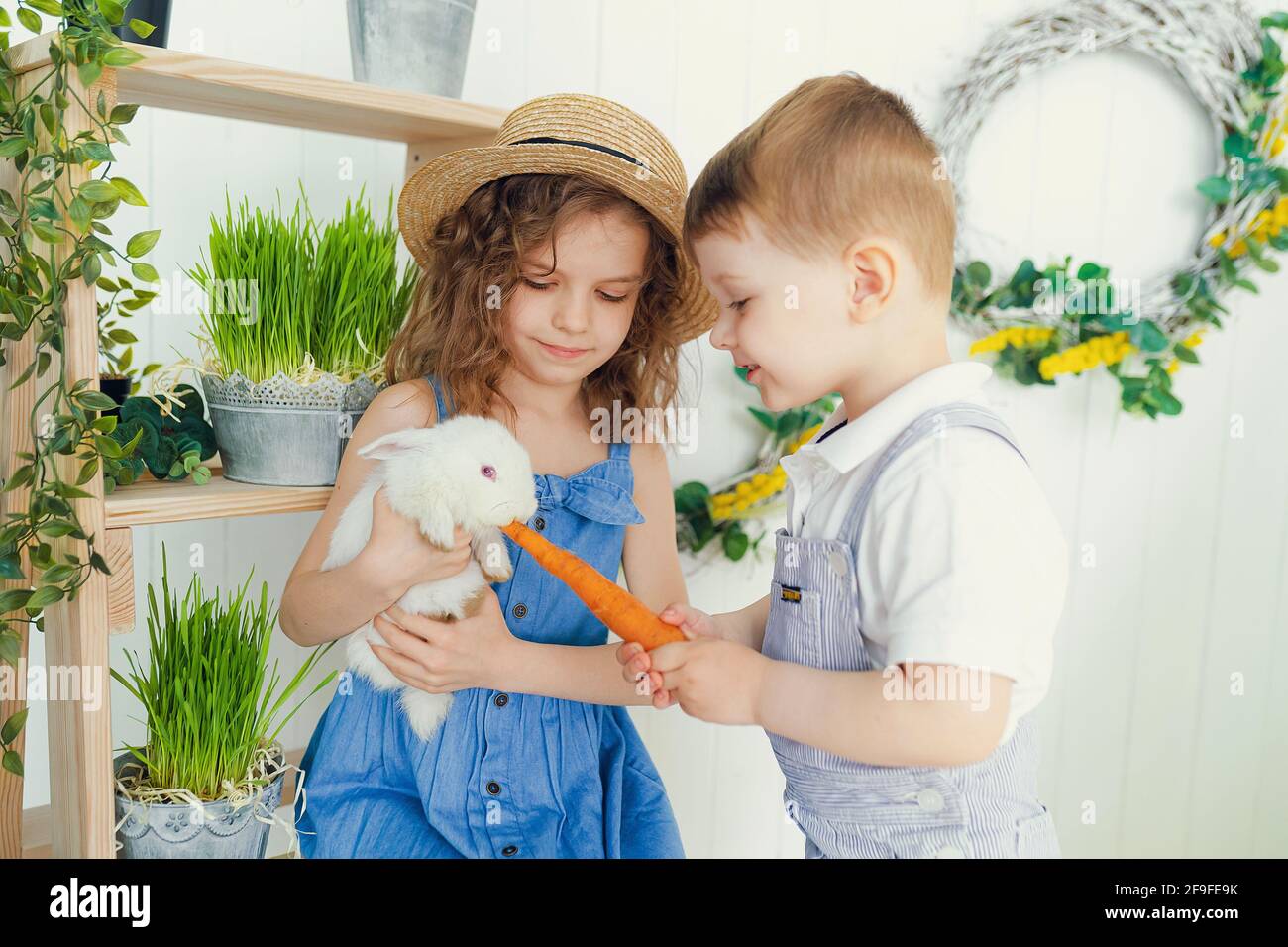 Happy laughing little girl and boy playing with a baby rabbit, f Stock ...