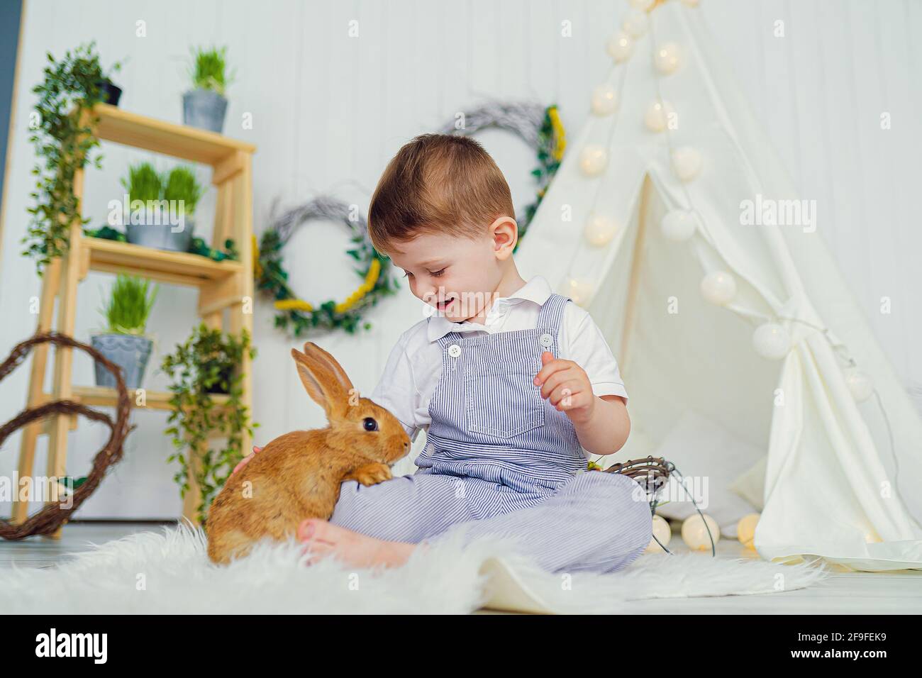 Happy laughing little boy playing with a baby rabbit, hugging re Stock ...