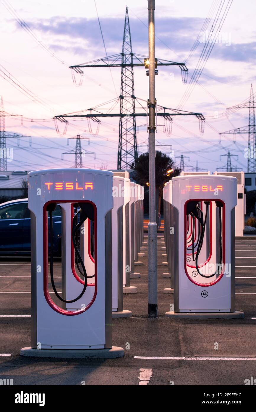 Supercharger charging station for Tesla electric vehicles, Frechen ...