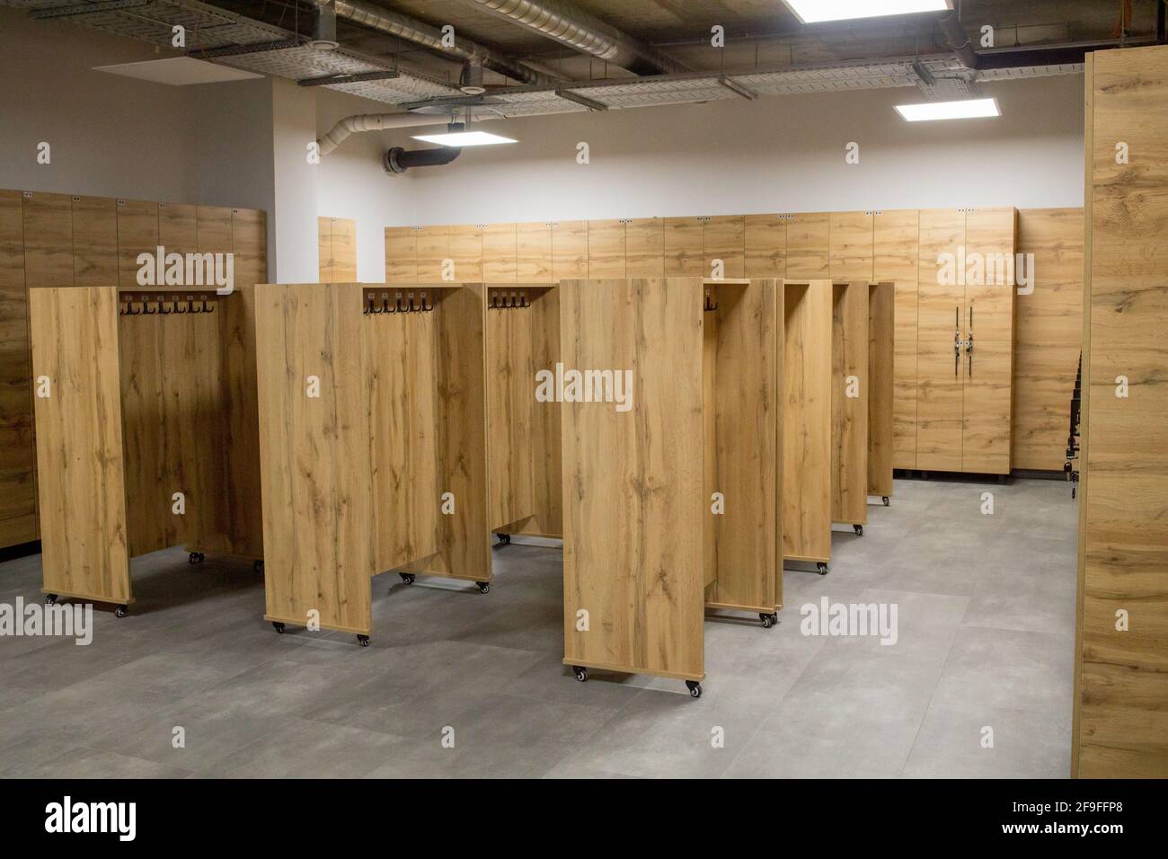 Wooden locker boxes, with metal locks. Classic wood locker room and a ...