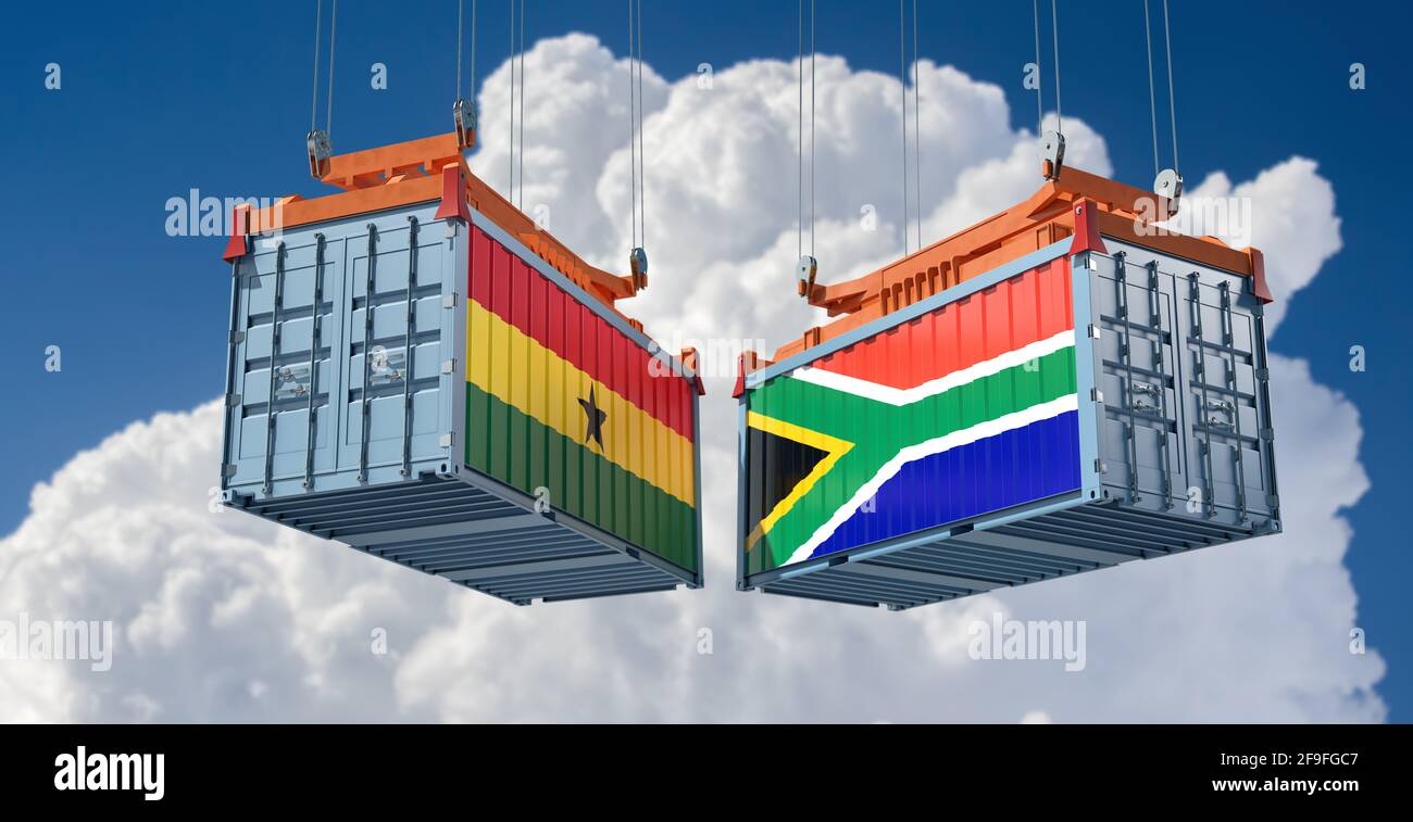 Freight containers with Ghana and South Africa national flags. 3D ...