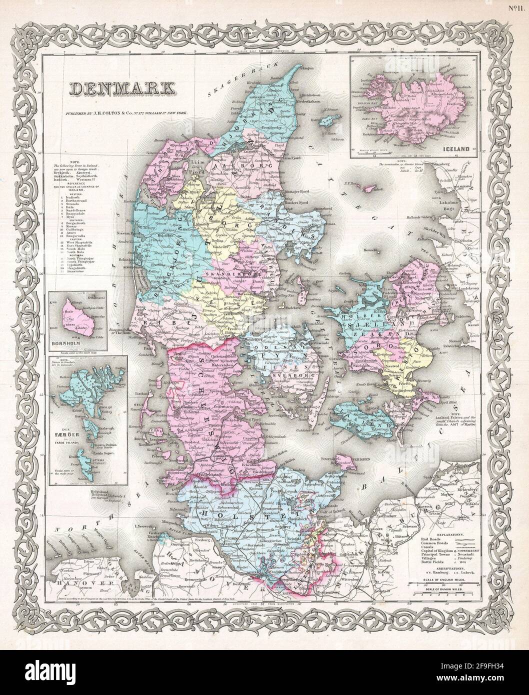 Beautiful vintage hand drawn Colton's map of Denmark from 1860 with ...