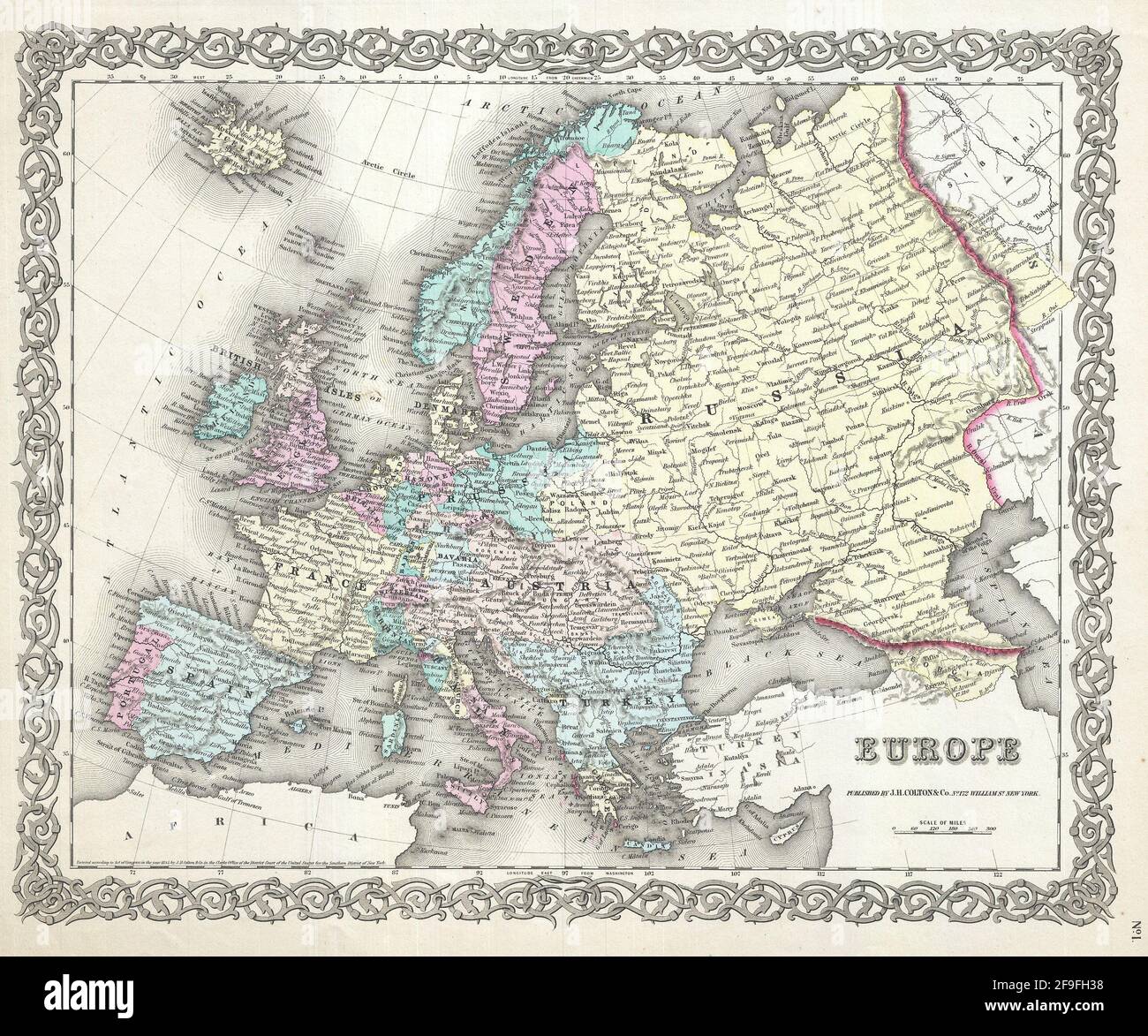 Beautiful vintage hand drawn Colton's map of Europe from 1860 with ...