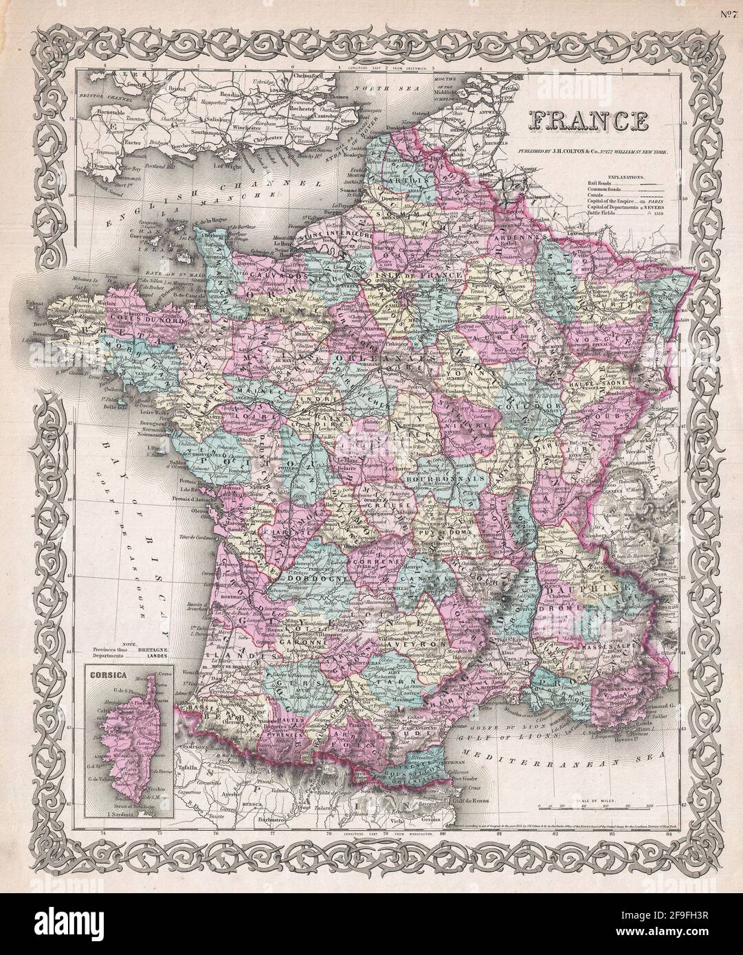 Beautiful vintage hand drawn Colton's map of France from 1860 with ...