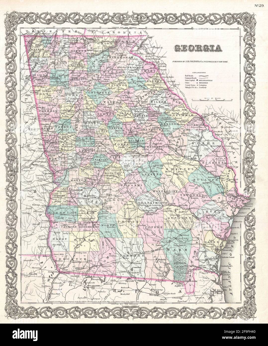 Beautiful vintage hand drawn Colton's map of Georgia from 1860 with ...