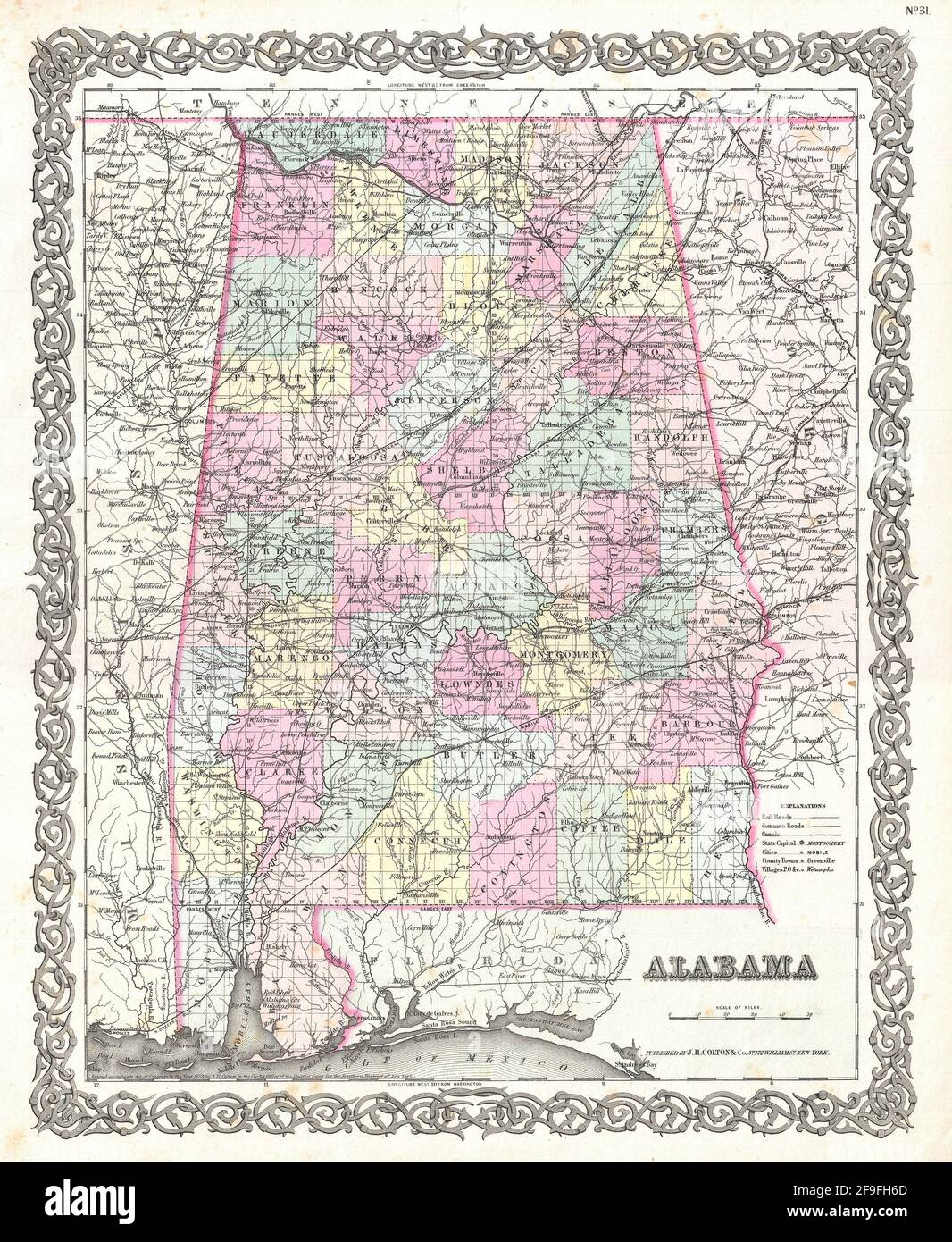 Beautiful vintage hand drawn Colton's map of Alabama from 1860 with ...