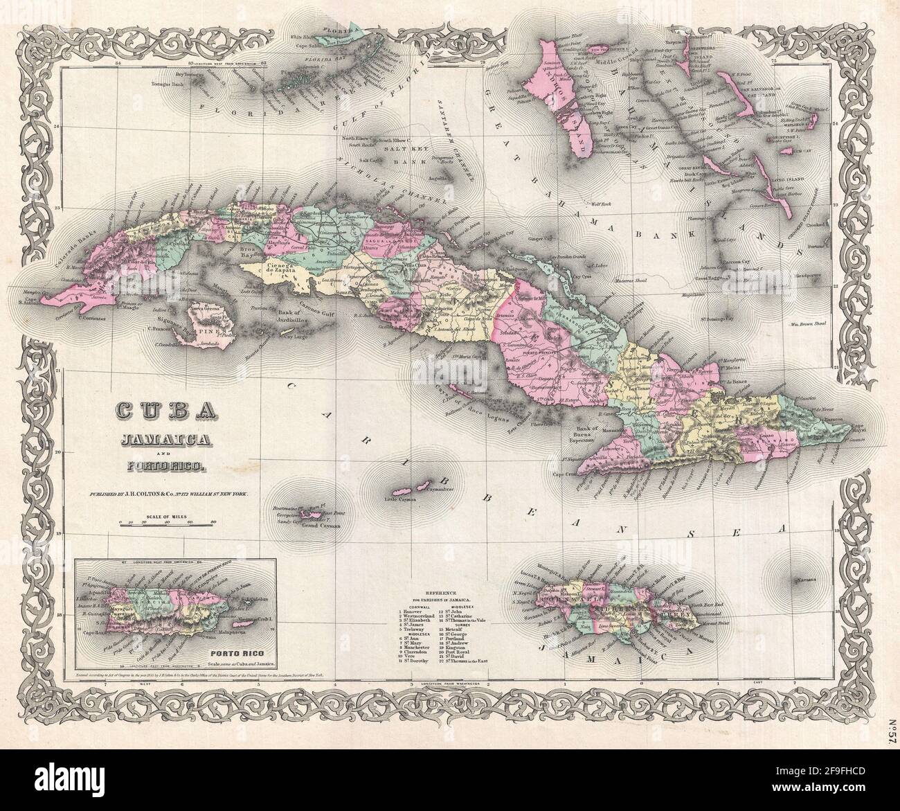 Beautiful vintage hand drawn Colton's map of Cuba from 1860 with ...