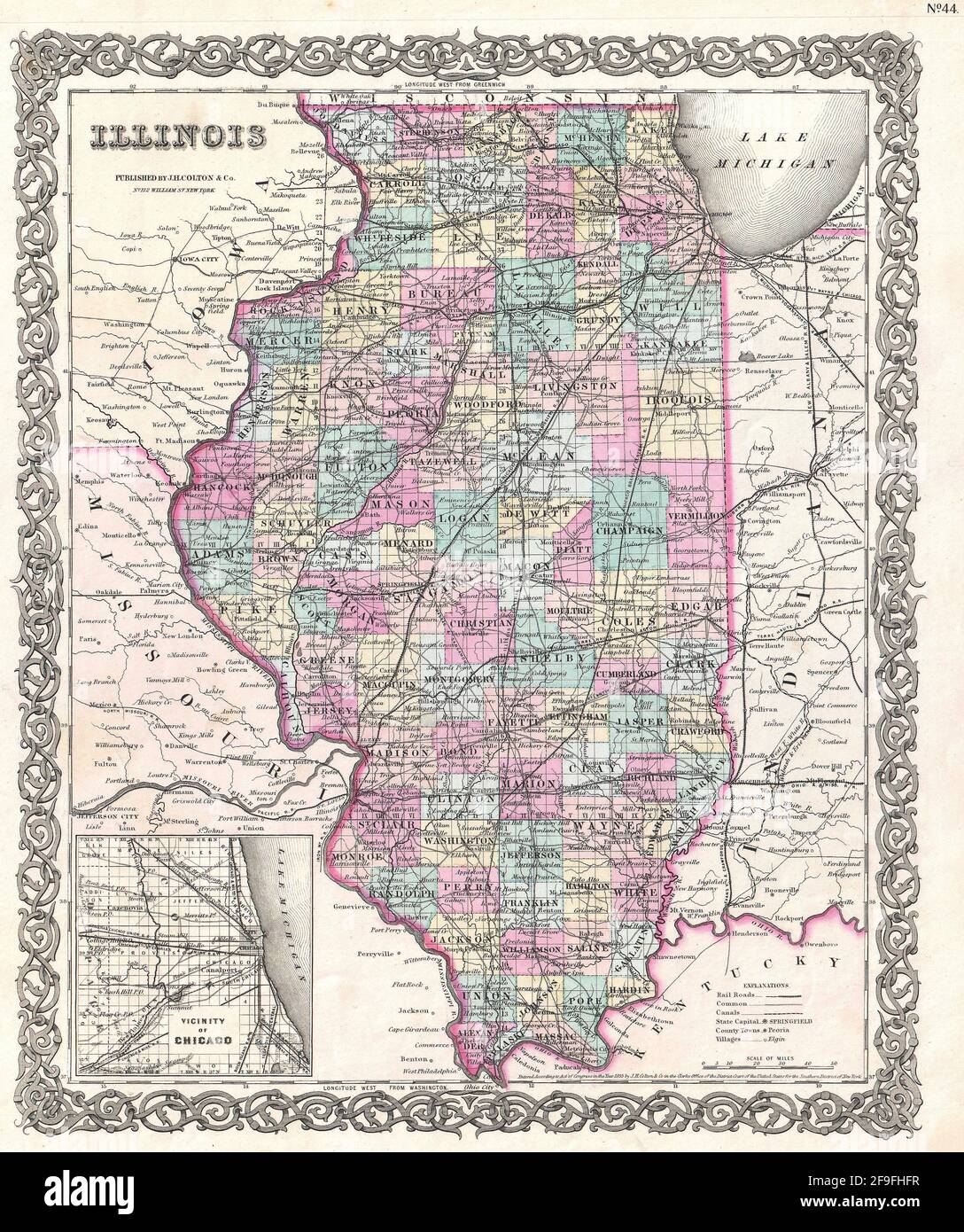 Beautiful vintage hand drawn Colton's map of Illinois from 1860 with ...