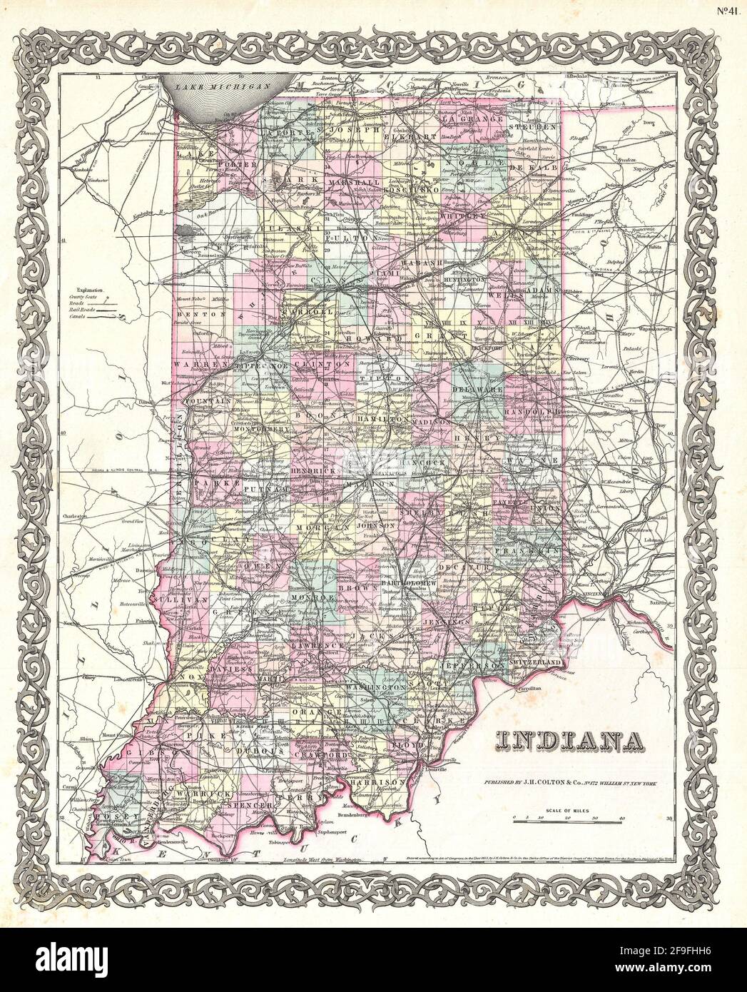 Beautiful vintage hand drawn Colton's map of Indiana from 1860 with ...