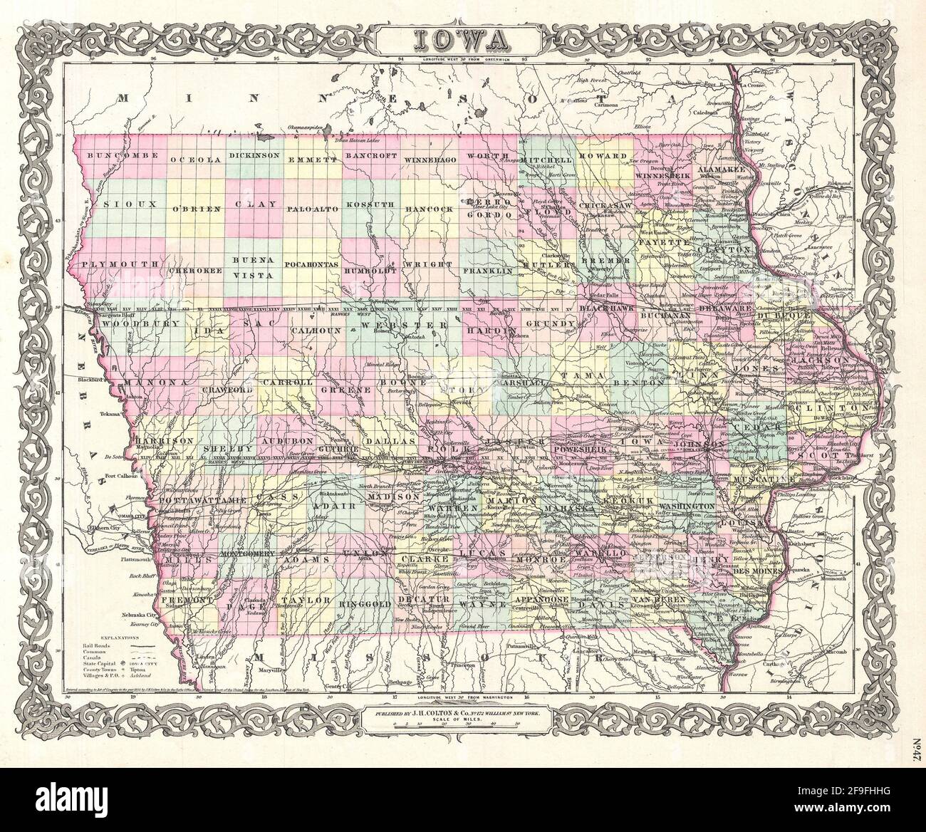 Beautiful vintage hand drawn Colton's map of Iowa from 1860 with ...