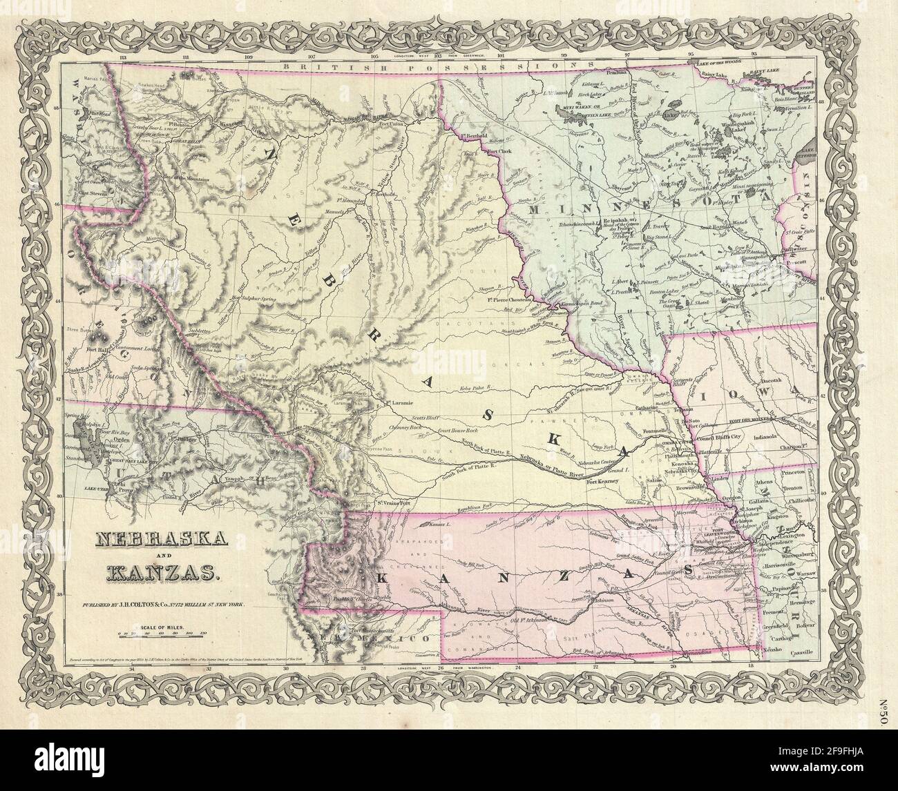 Beautiful vintage hand drawn Colton's map of Nebraska from 1860 with ...