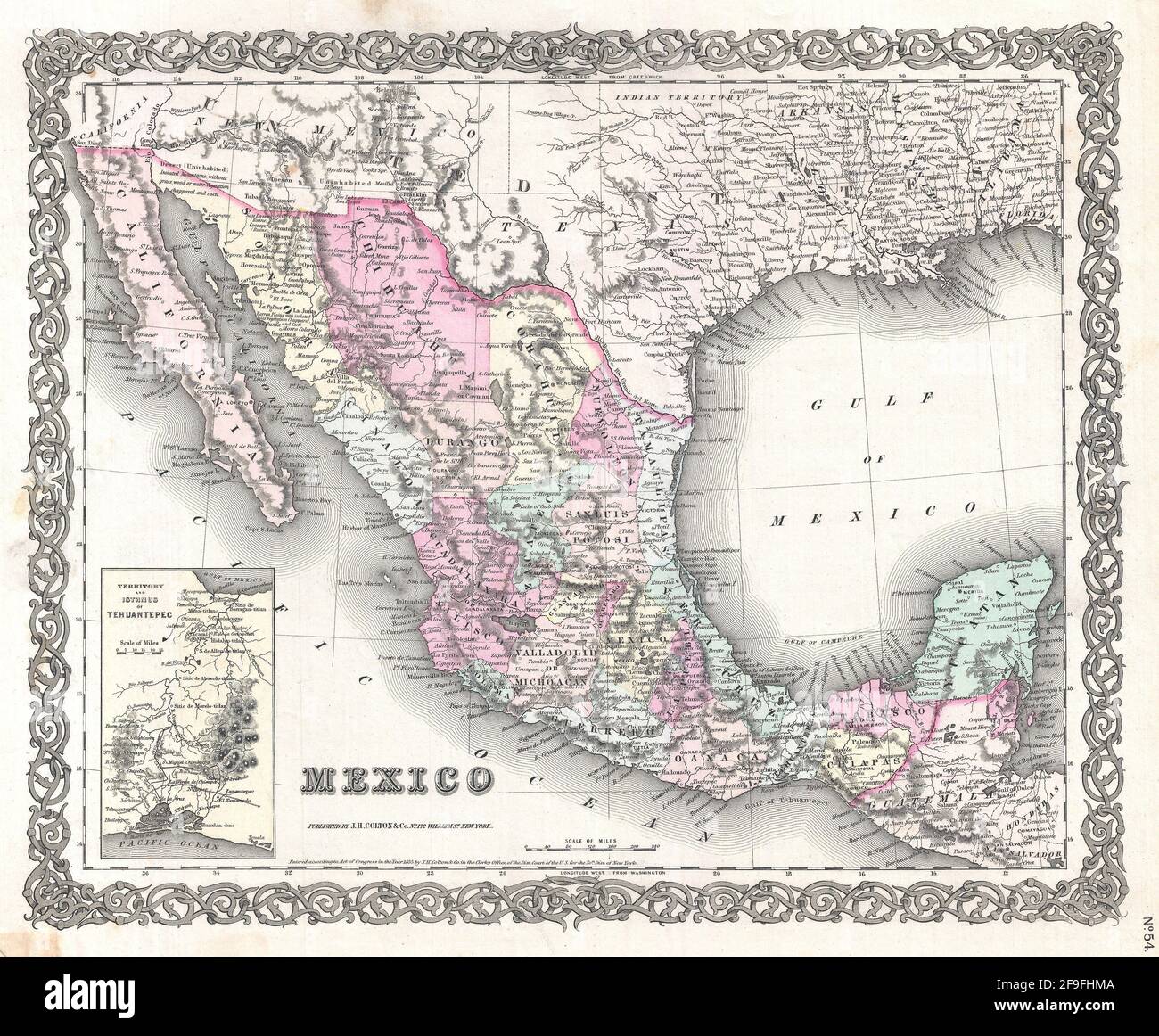 Beautiful vintage hand drawn Colton's map of Mexico from 1860 with ...