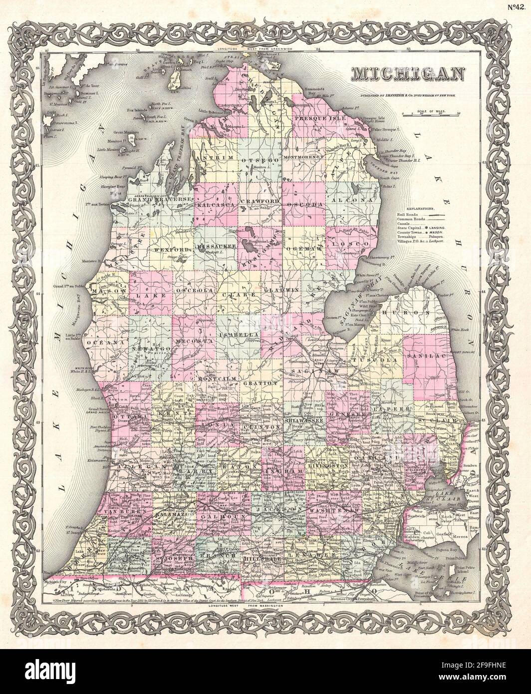 Beautiful vintage hand drawn Colton's map of Michigan from 1860 with ...
