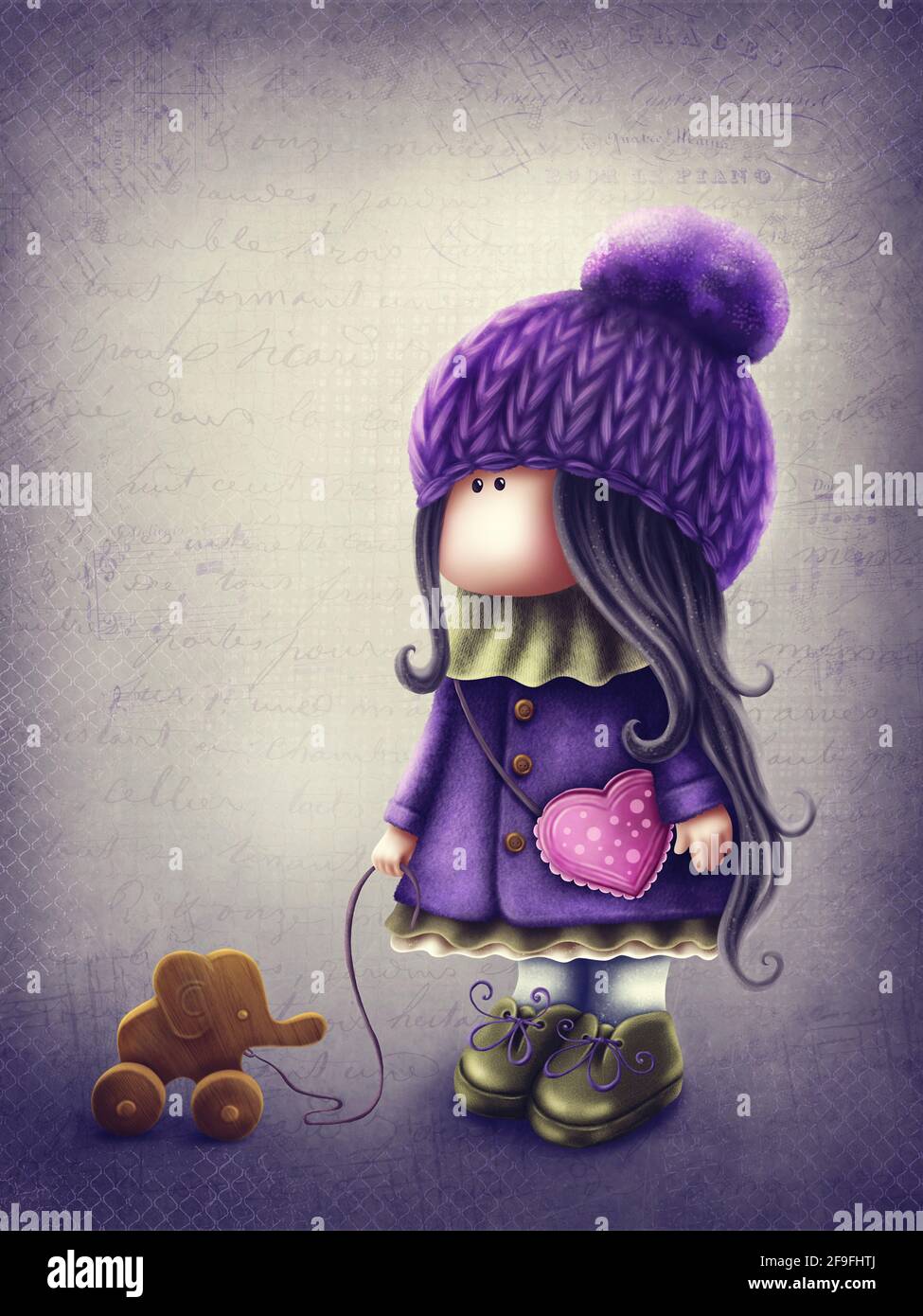 Illustration of a cute Tilda doll with teddy bear and a cat toy Stock ...