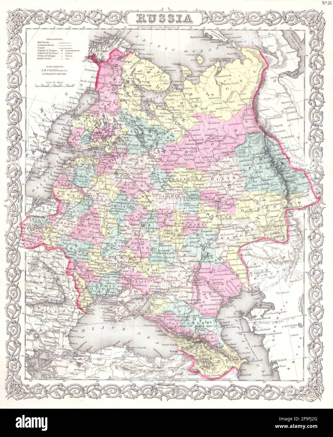 Beautiful vintage hand drawn Colton's map of Russia from 1860 with ...