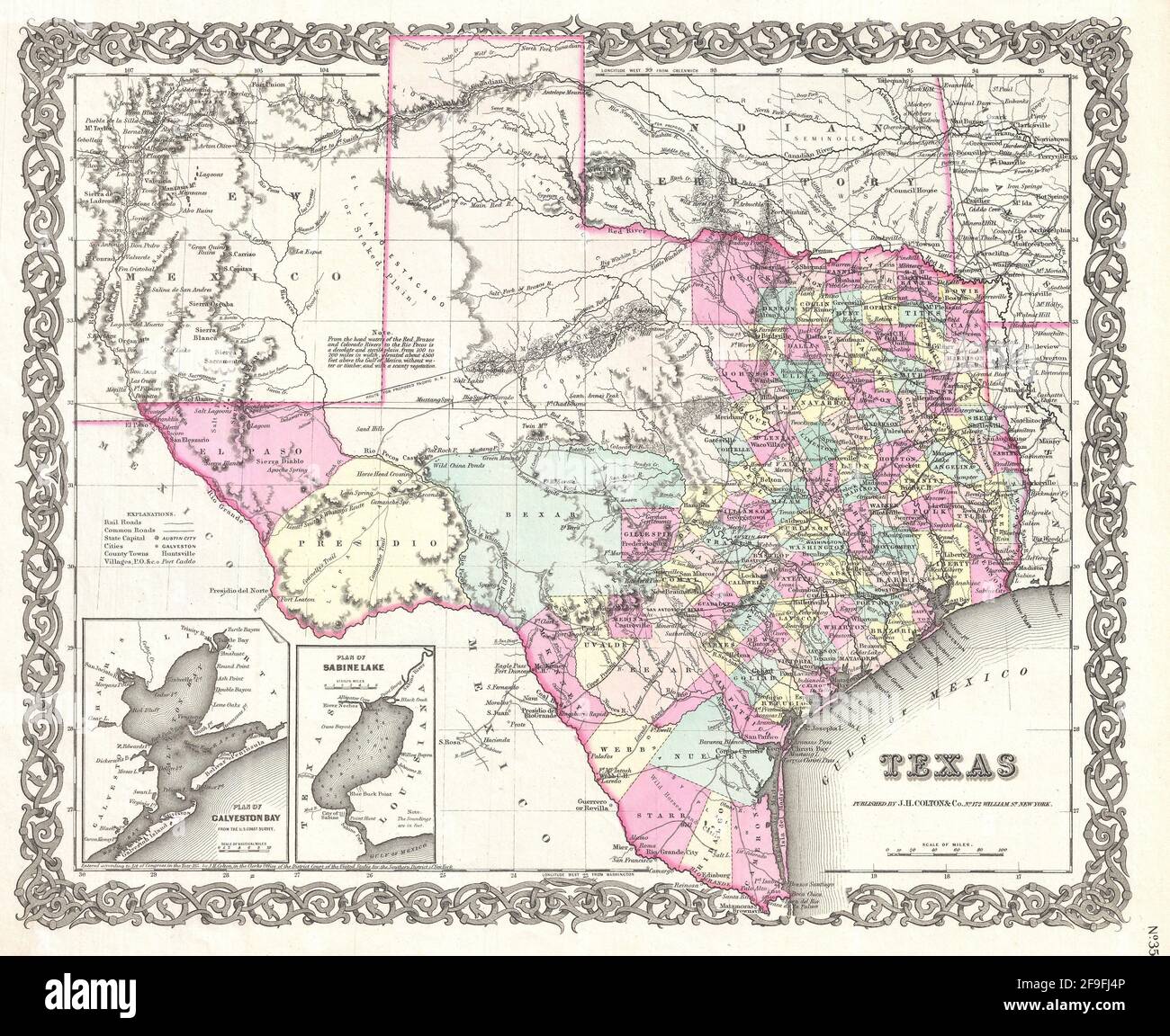 Beautiful vintage hand drawn Colton's map of Texas from 1860 with ...
