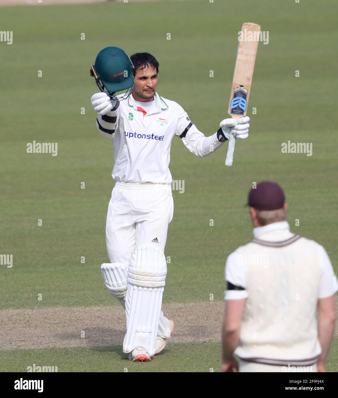 Leicestershire's Hassan Azad celebrates scoring a century during day ...