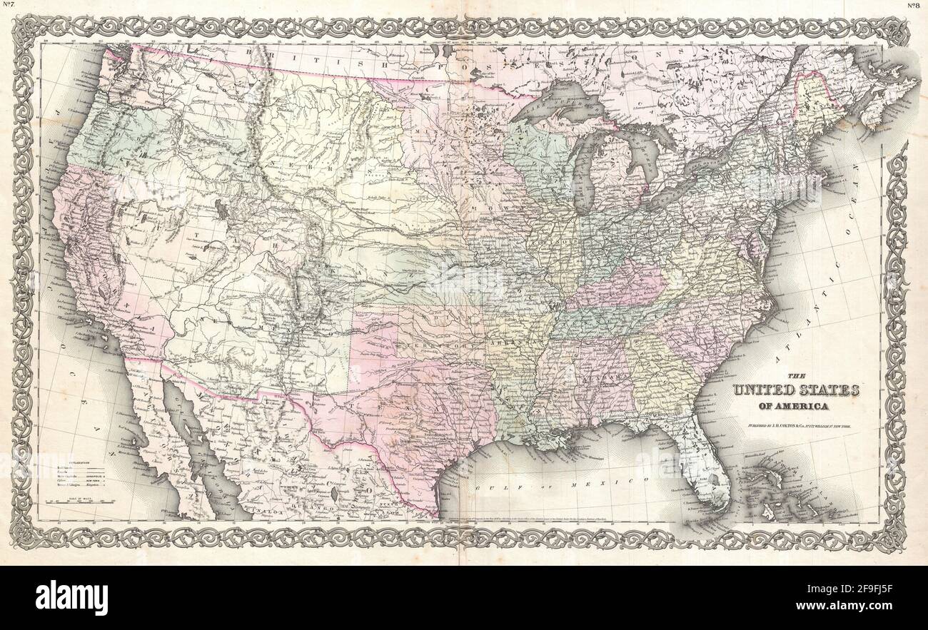 Beautiful vintage hand drawn Colton's map of USA from 1860 with ...