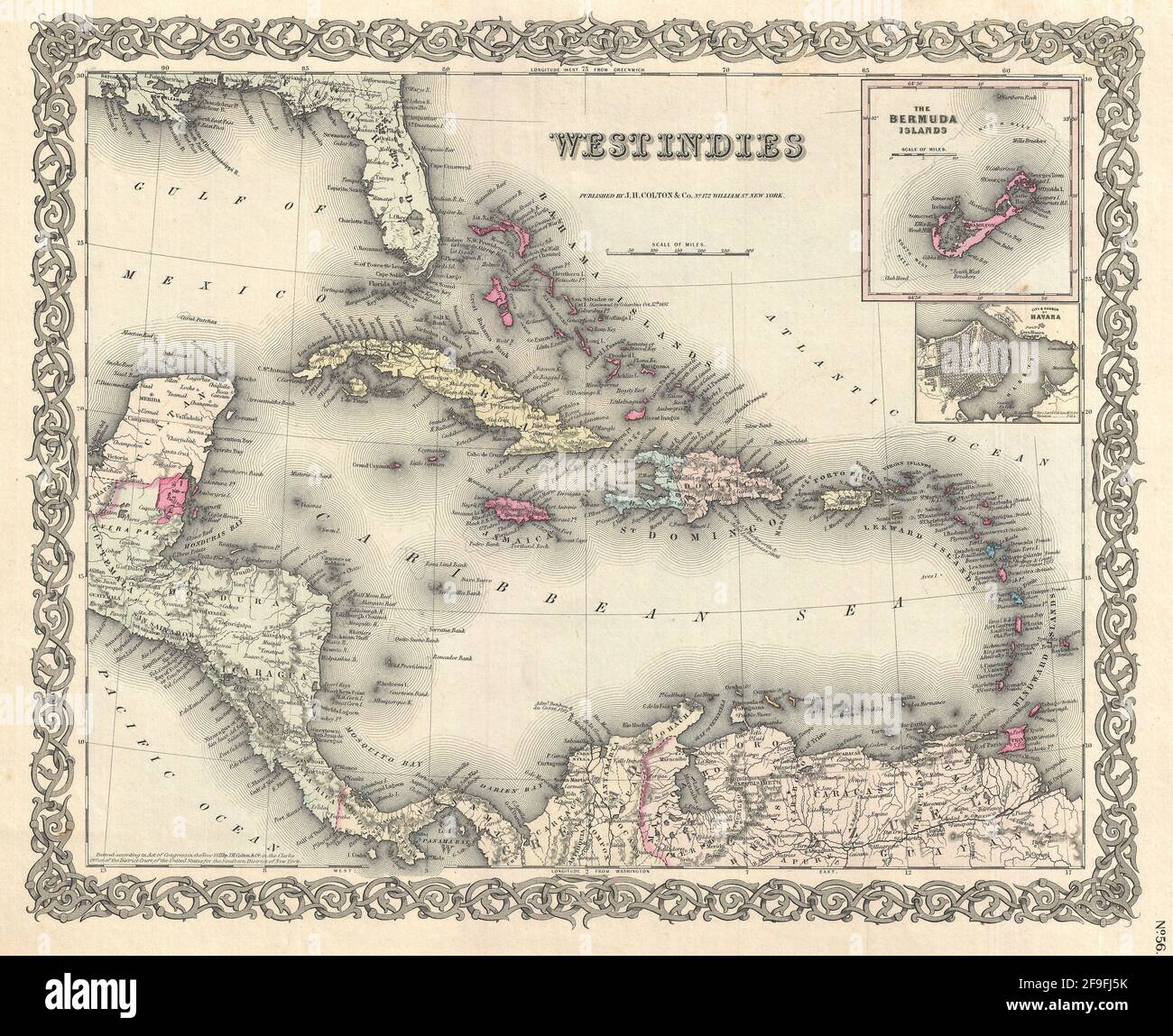 Beautiful vintage hand drawn Colton's map of Caribbean from 1860 with ...