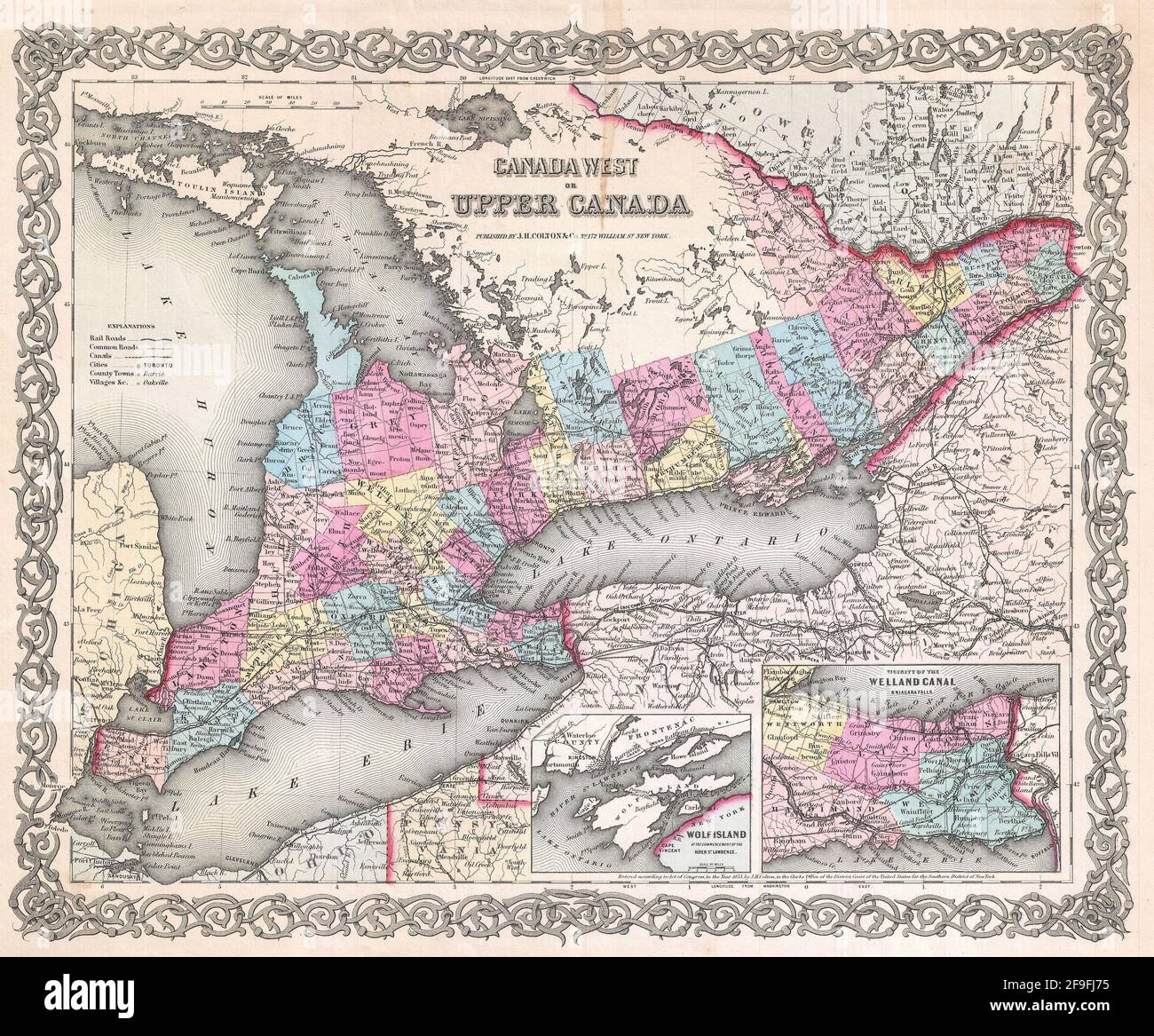 Beautiful vintage hand drawn Colton's map of Upper Canada from 1860 ...