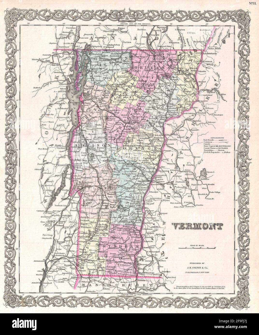 Beautiful vintage hand drawn Colton's map of Vermont from 1860 with ...