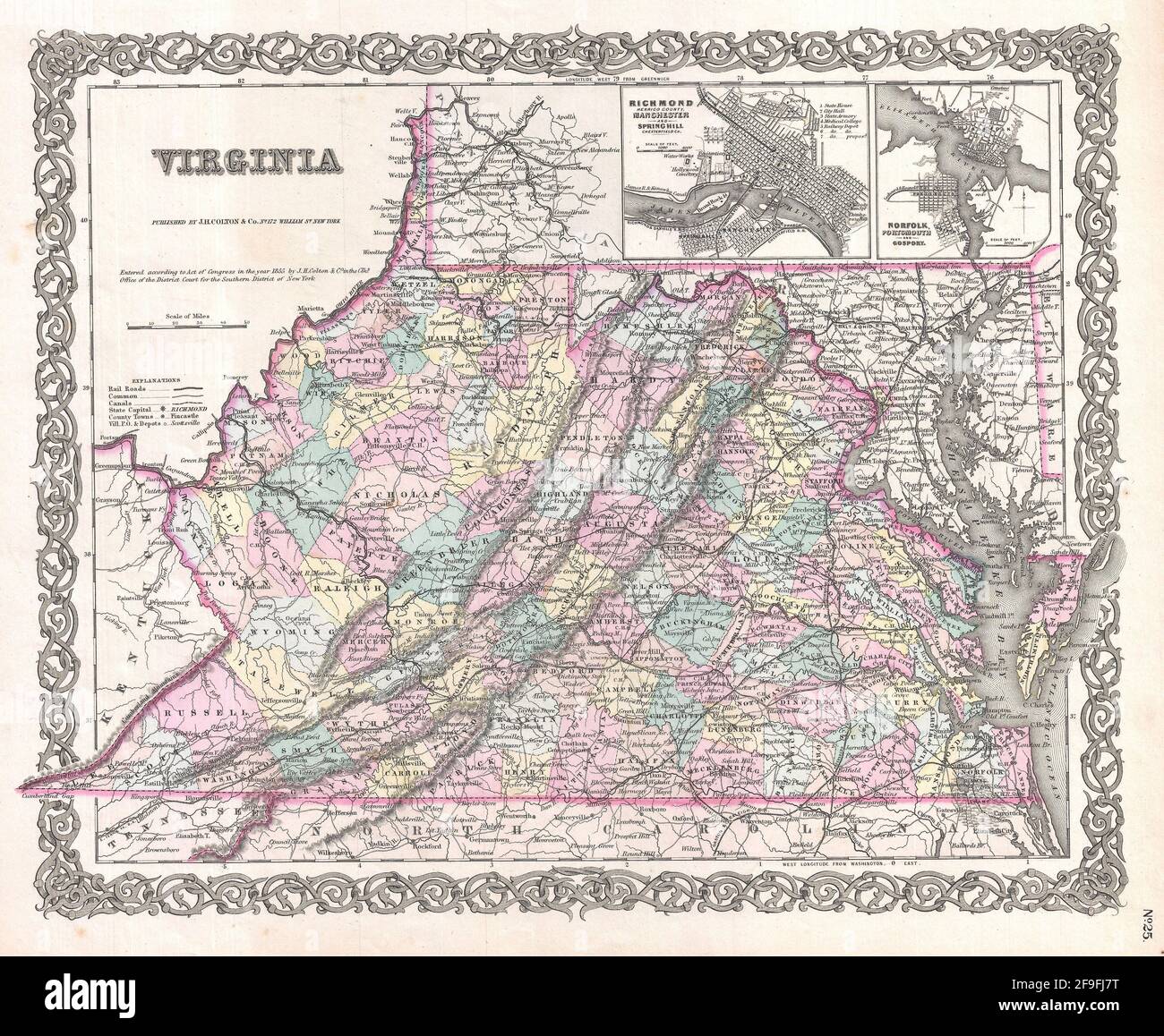 Beautiful vintage hand drawn Colton's map of Virginia from 1860 with ...