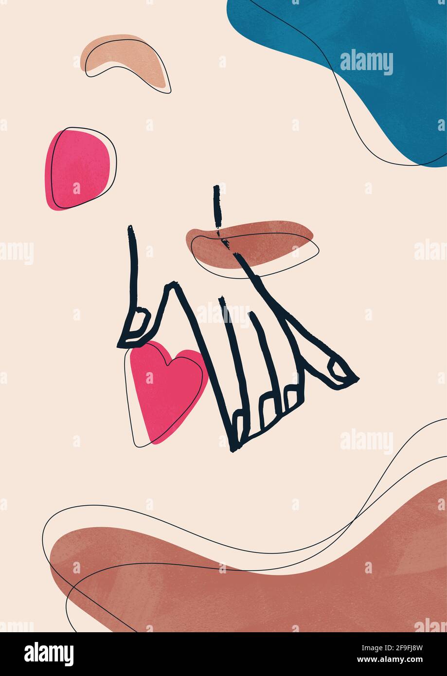 Line art hands hold red heart and shape elements in warm colors ...
