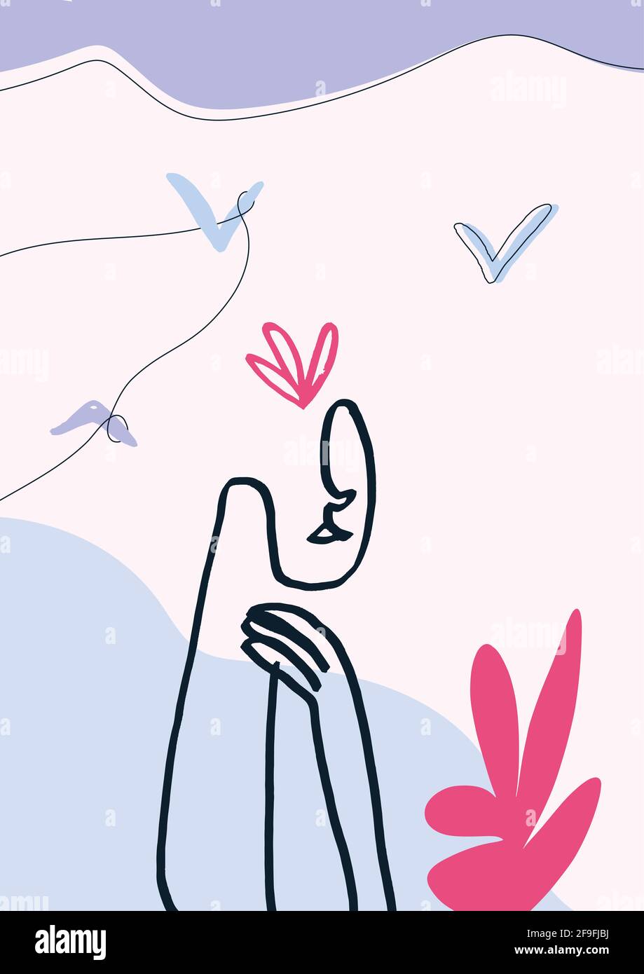 Abstract line art woman portrait. Hand drawn sketch in boho style ...